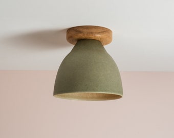 Green XL Dawn Flush Mount Ceiling Light in Ceramic and Oak - Etsy