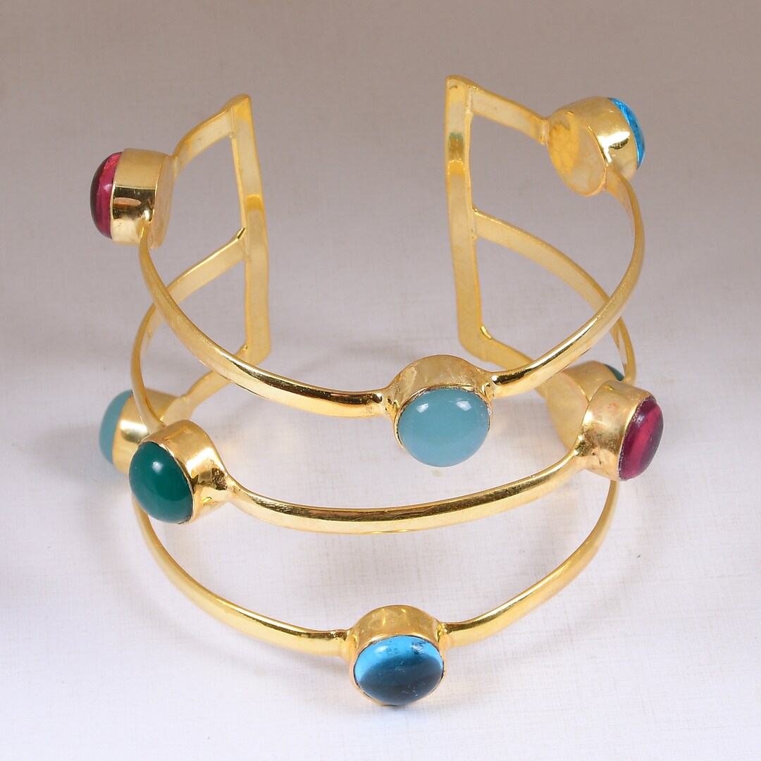 18K Gold Plated Cuff Bracelet, Multi Stone Cuff Bracelet, Wrist Cuff ...