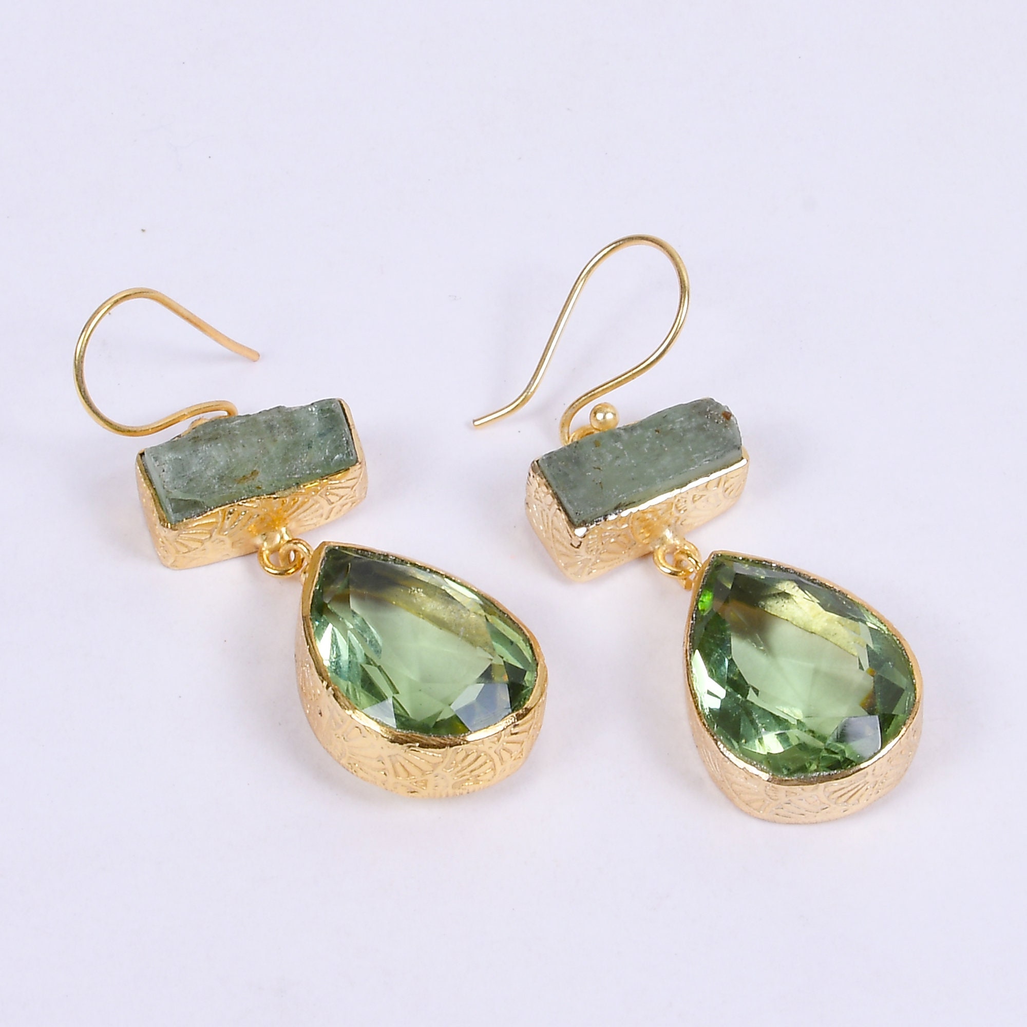 Gold Plated Earrings Green Amethyst Earrings Bezel Set - Etsy