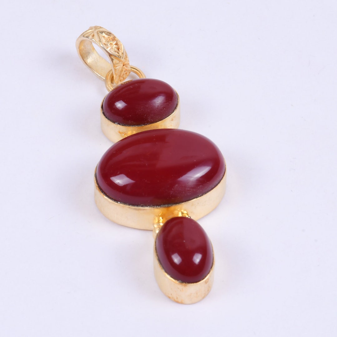 18K Gold Plated Pendant, Red Coral Pendant, Oval Stone Pendant, Bezel ...