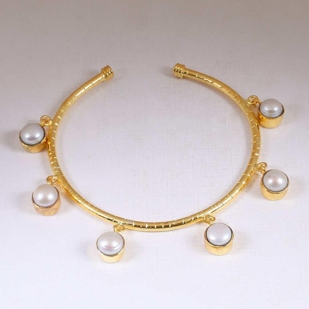 Handcrafted Bangle, White Pearl Bracelet, 18K Gold Plated Bangle ...