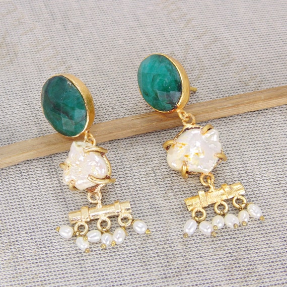 18K Gold Plated Earrings Corundum Earrings Green Stone | Etsy