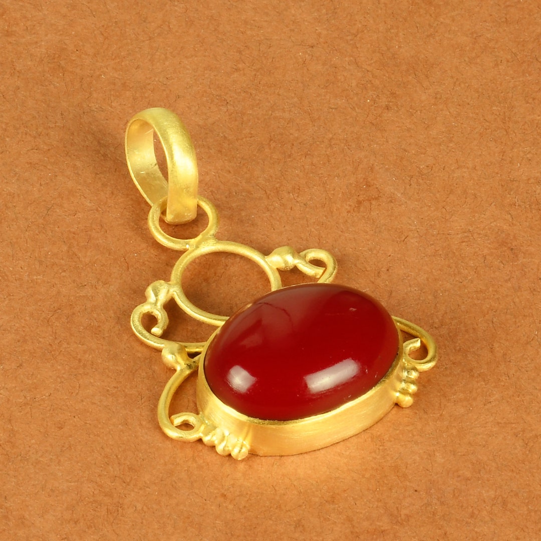 Stunning Pendant, Red Coral Pendant, 18K Gold Plated Pendant, Bezel Set ...