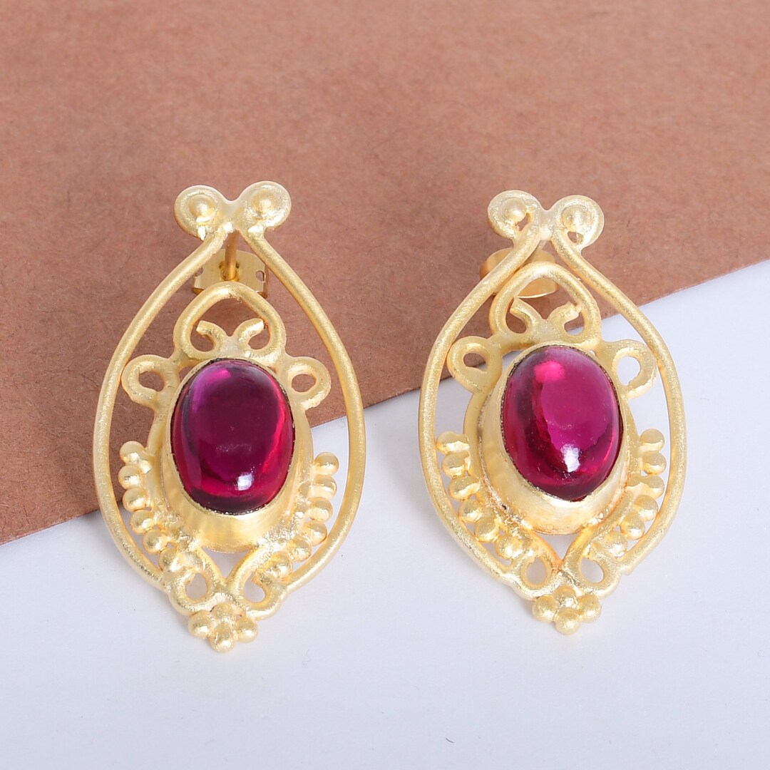18K Matte Gold Plated Oval-shaped Red Hydro Garnet Fashion Earrings - Etsy