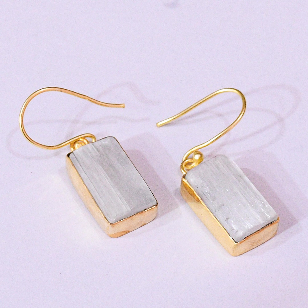 Handmade Natural Selenite Gemstone Drop Earrings: 18k Gold Plated Bezel ...
