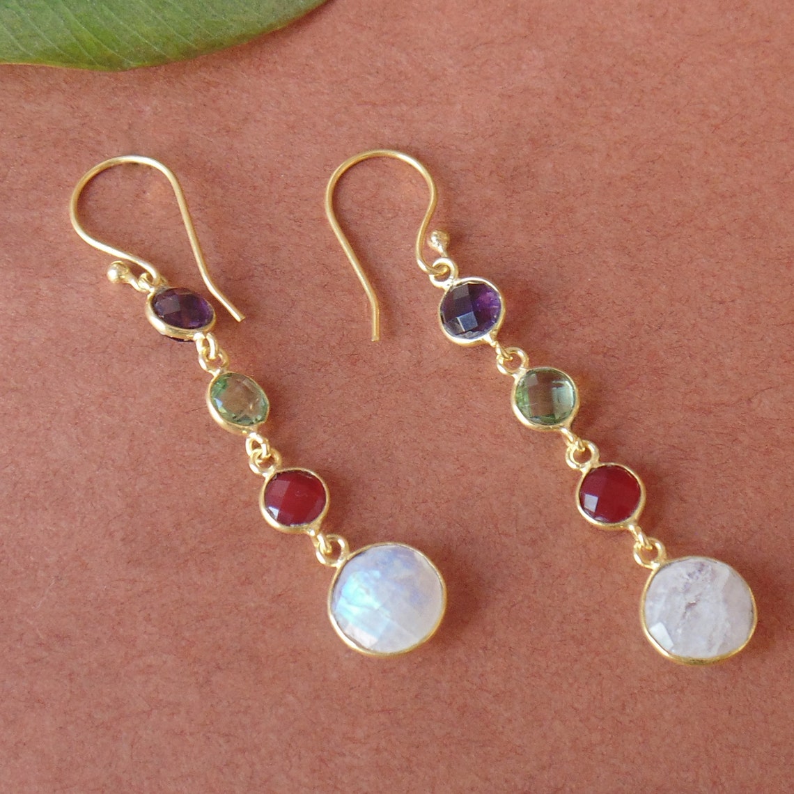 Colored Stone Earrings 18k Gold Plated Earrings Moonstone - Etsy