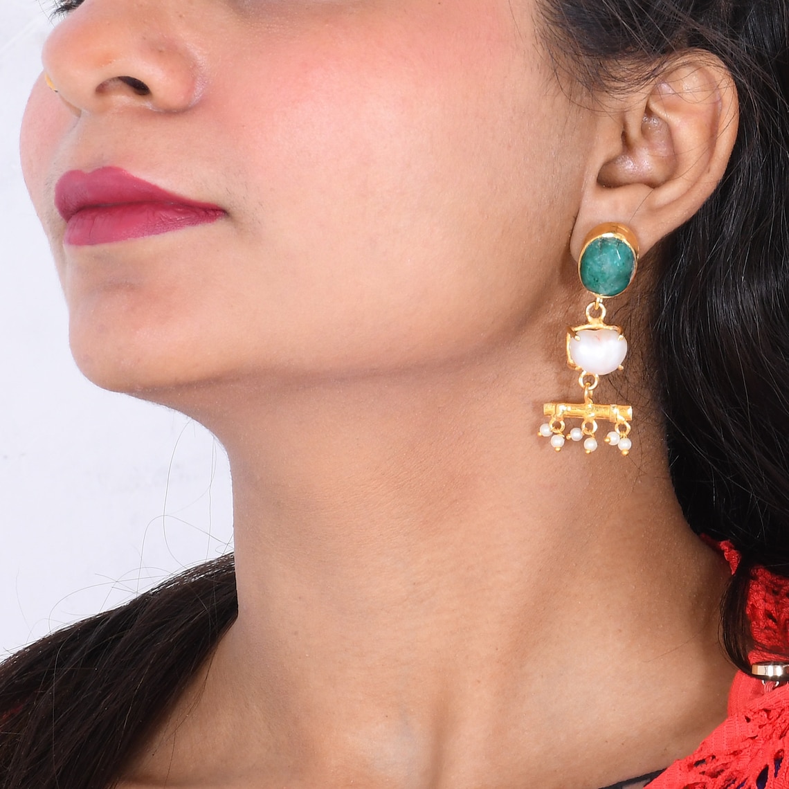 18K Gold Plated Earrings Corundum Earrings Green Stone - Etsy