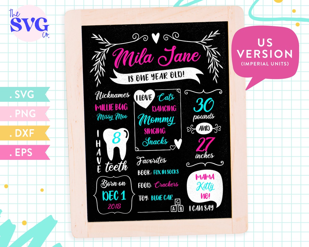 First Birthday Board SVG Template Baby Girl 1st Birthday Milestone Sign ...