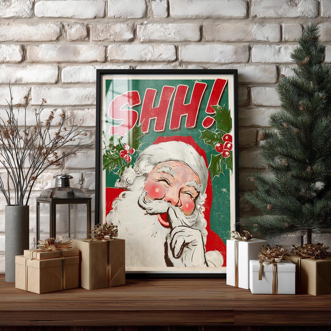 Christmas Wall Art: Retro Santa 'shh!' - Vintage Holiday Decor - Etsy