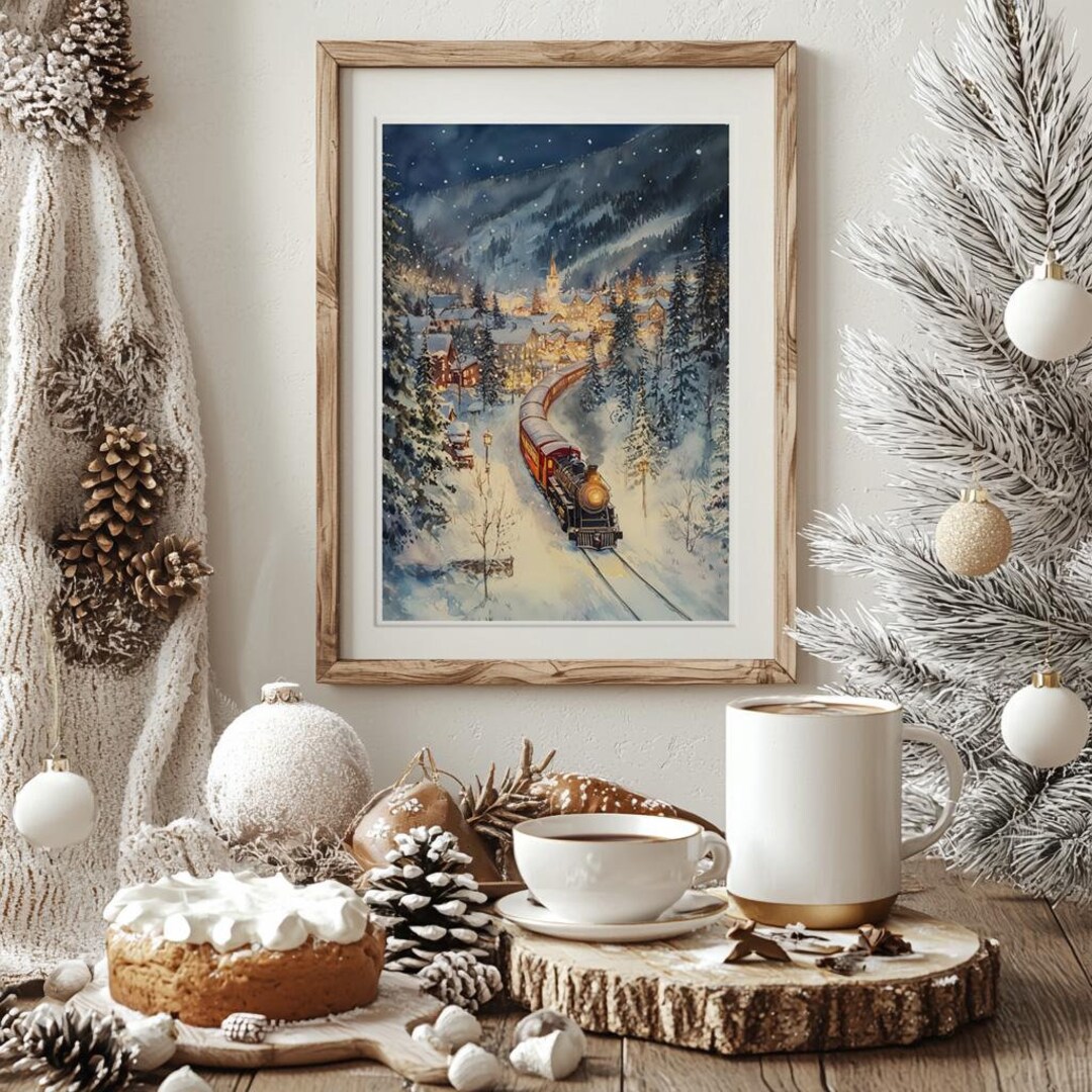 Nostalgic Christmas Train Winter Scene Wall Art, Snowy Village Holiday ...