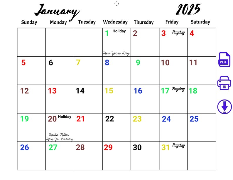 2025 Color-coded Postal Calendar Digital Download: Clutter-free, Bright ...