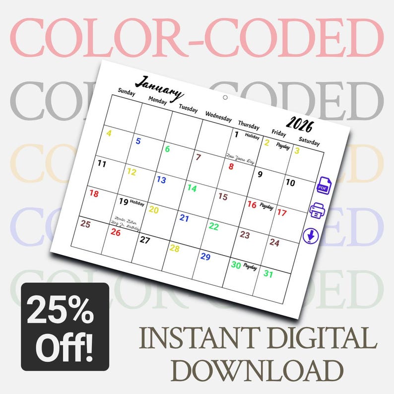 2026 Color-coded Postal Calendar: Employee Schedule (digital Download ...