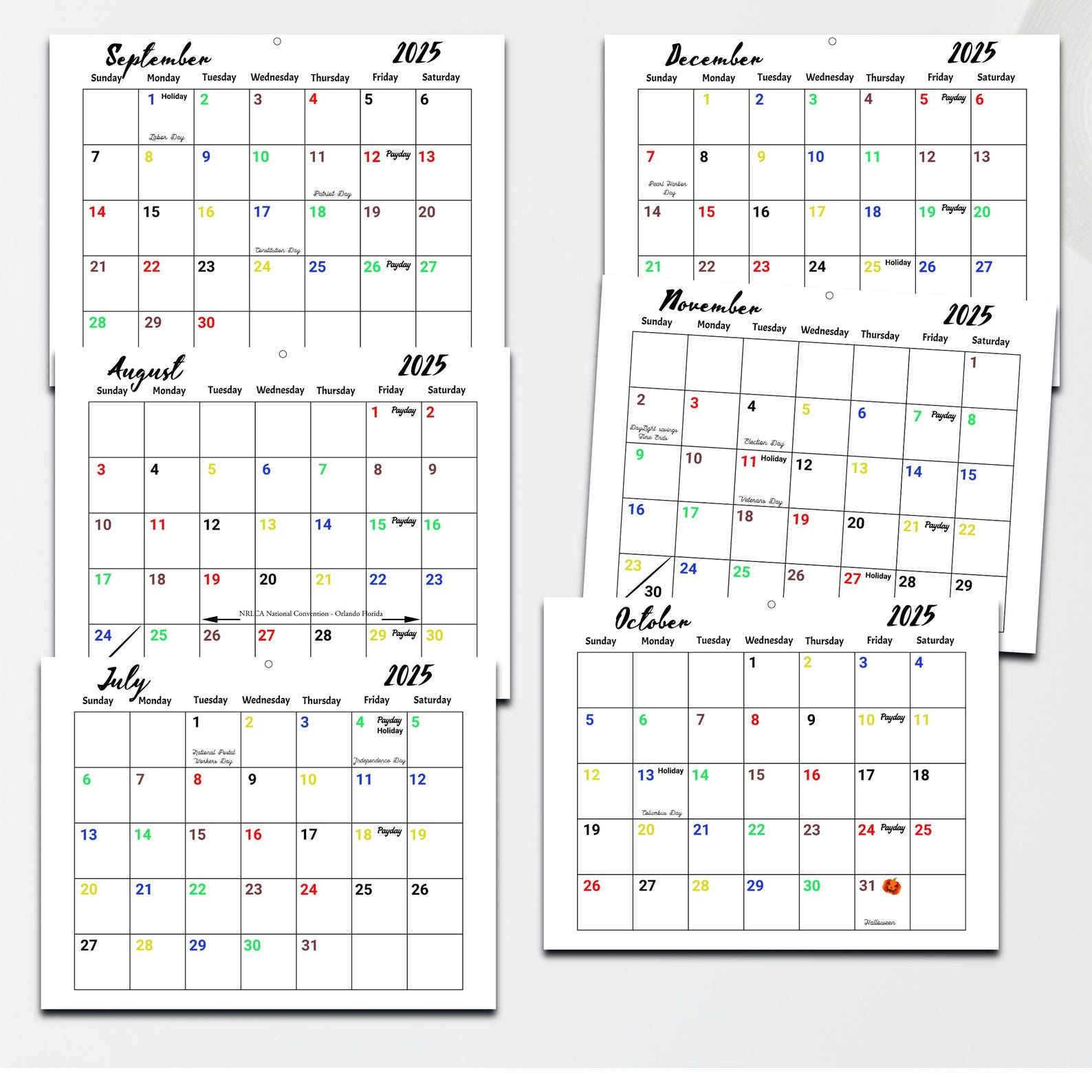 2025 Color-coded Postal Calendar Digital Download: Clutter-free, Bright ...