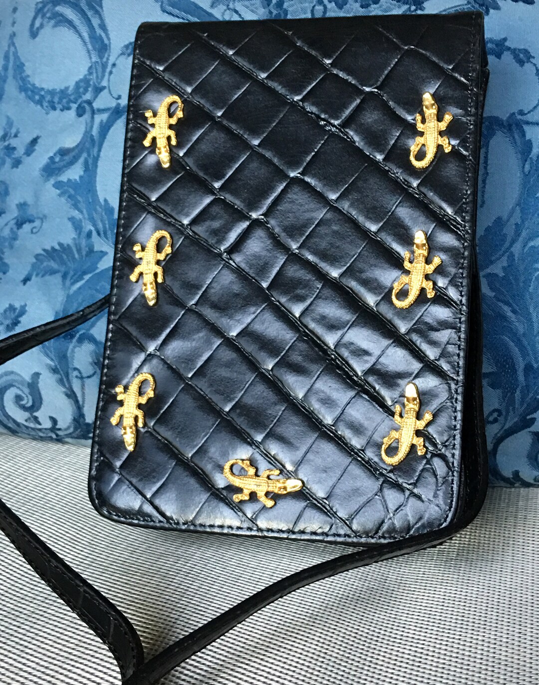 ISABEL Elegant Black Leather and GOLD CROCS Cross-body Purse - Etsy