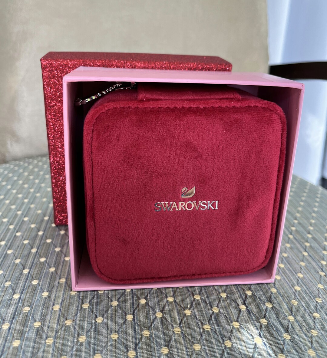 Swarovski Red Velvet TRAVEL JEWELRY BOX Organizer W/clear Crystal on ...