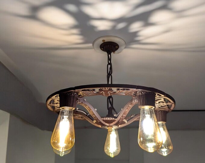 Antique Farm House 5 Bulb Art Nouveau Solid Cast Iron Electric Ceiling ...