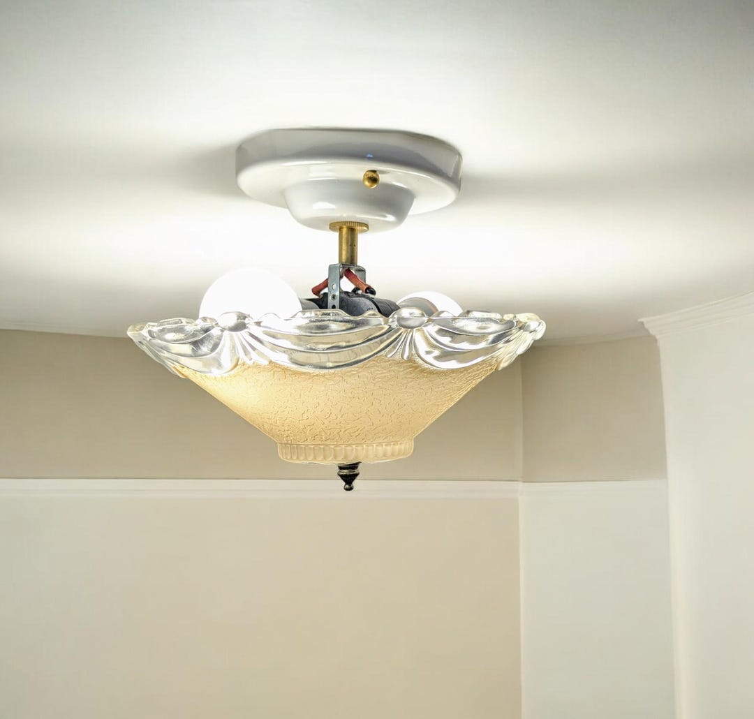 Vintage Electric Ceiling Light Fixture Ca 1930's Art Nouveau Pink Glass ...