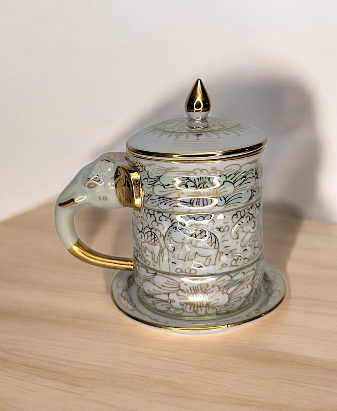 Vintage Benjarong Tea Cup: Thai Elephant Handle, Lotus Motif, Gold Gild - Etsy