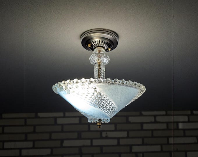 Vintage 1920's Art Deco Semi Flush Mount Ceiling Light Blue Hobnail ...