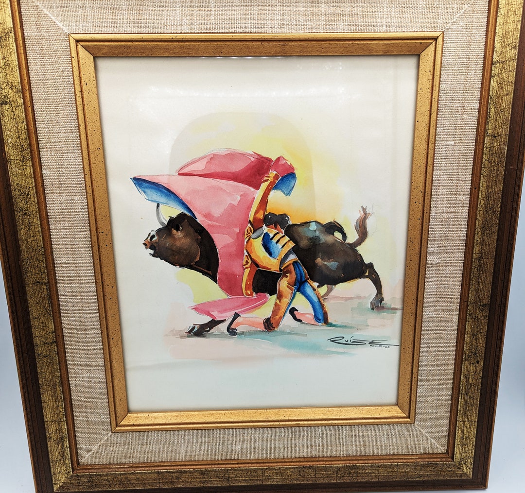 Vintage 1960's Mid Century Mexican Art in Water Colour Matador Bull ...