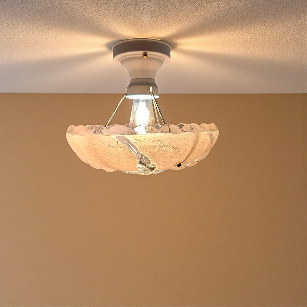 Vintage Art Nouveau Pink Spire Shell Electric Ceiling Light Fixture, Ca ...