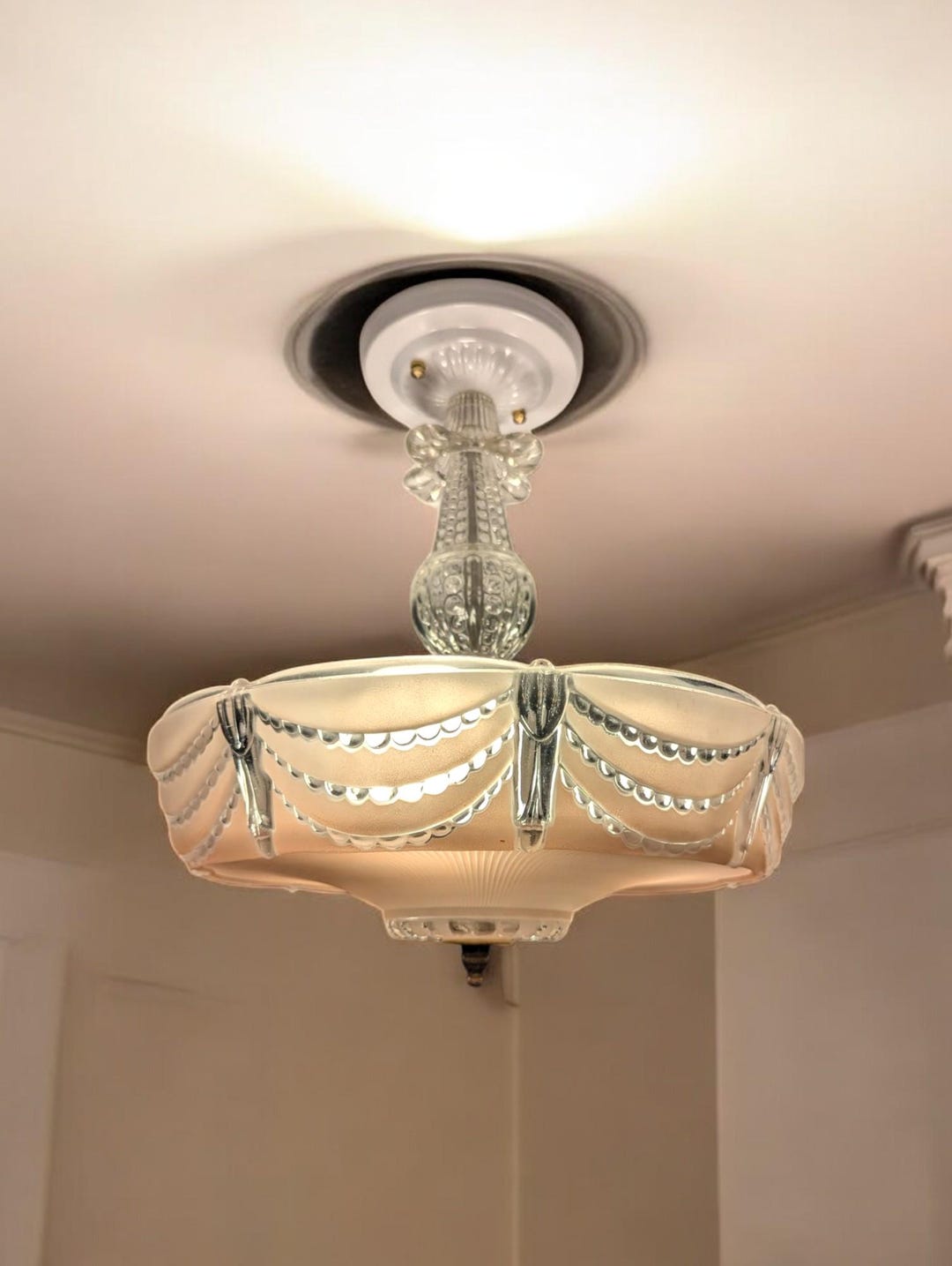 Vintage 1920's Art Nouveau Electric Ceiling Light Fixture With Frosted ...