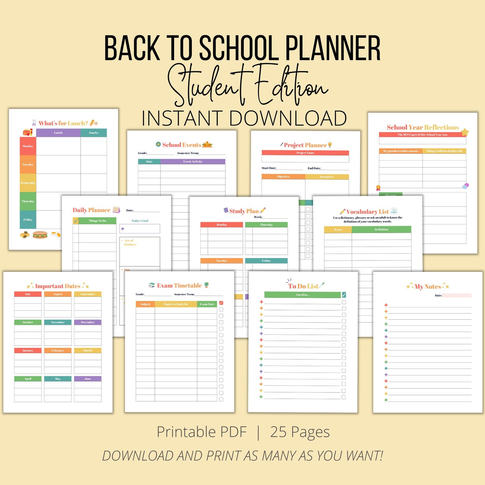 Kids Back to School Planner – Printable Student Planner (digital ...
