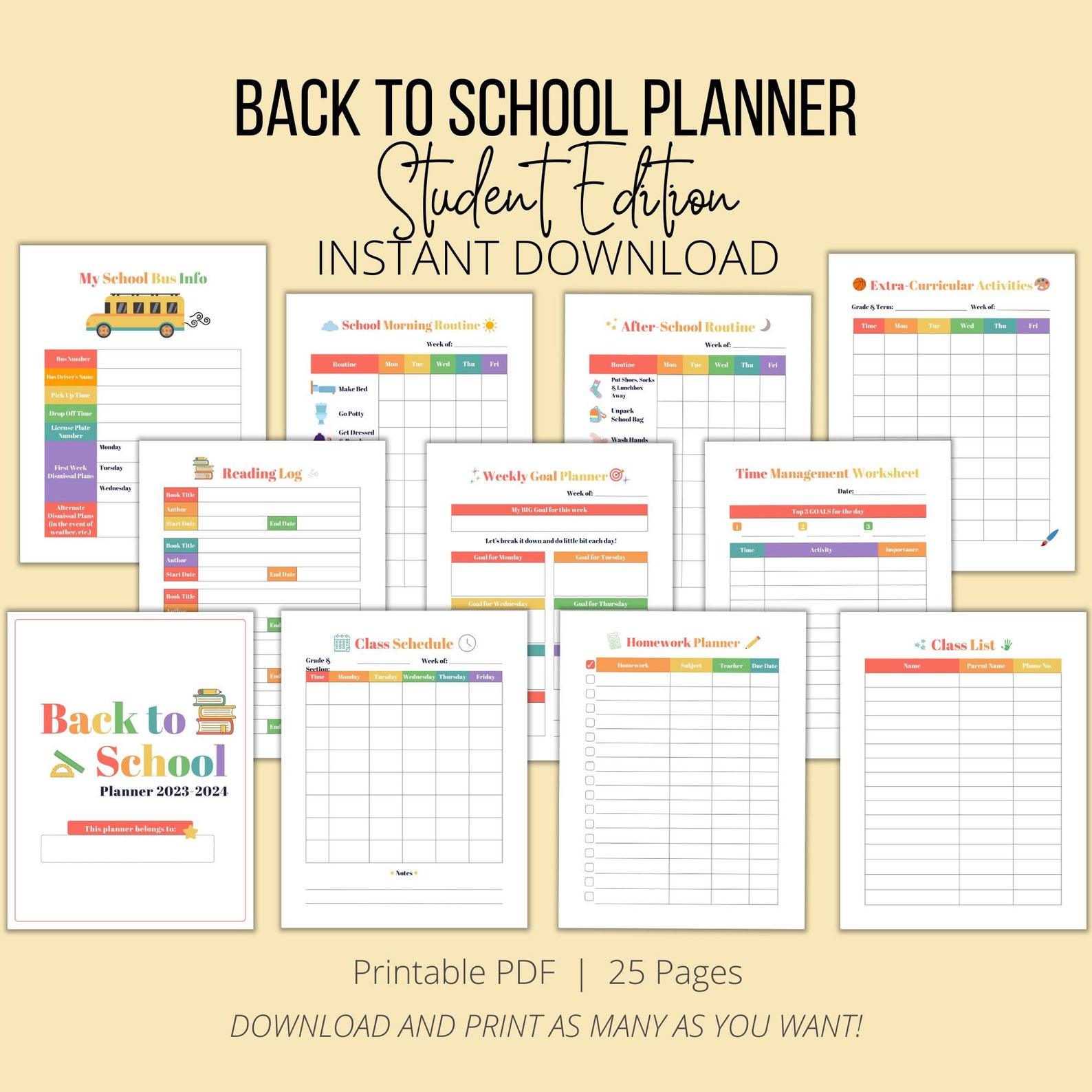 Kids Back to School Printable Planner Digital Download Elementary ...