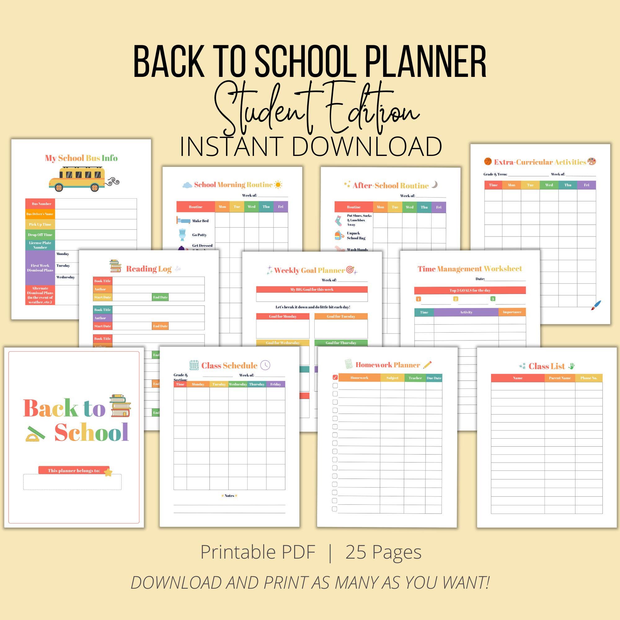 Kids Back to School Printable Planner - Digital Download - Elementary ...