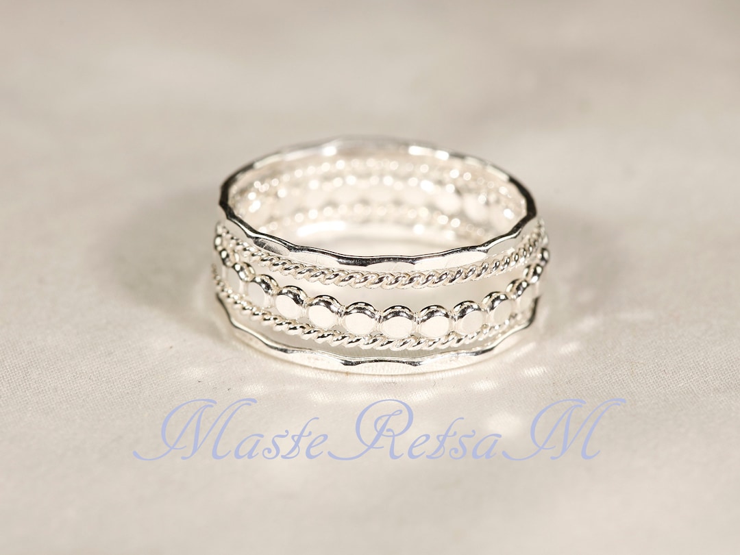 Setg-sterling Silver Stackable Rings Set: Twist, Hammered, Bead Rings ...