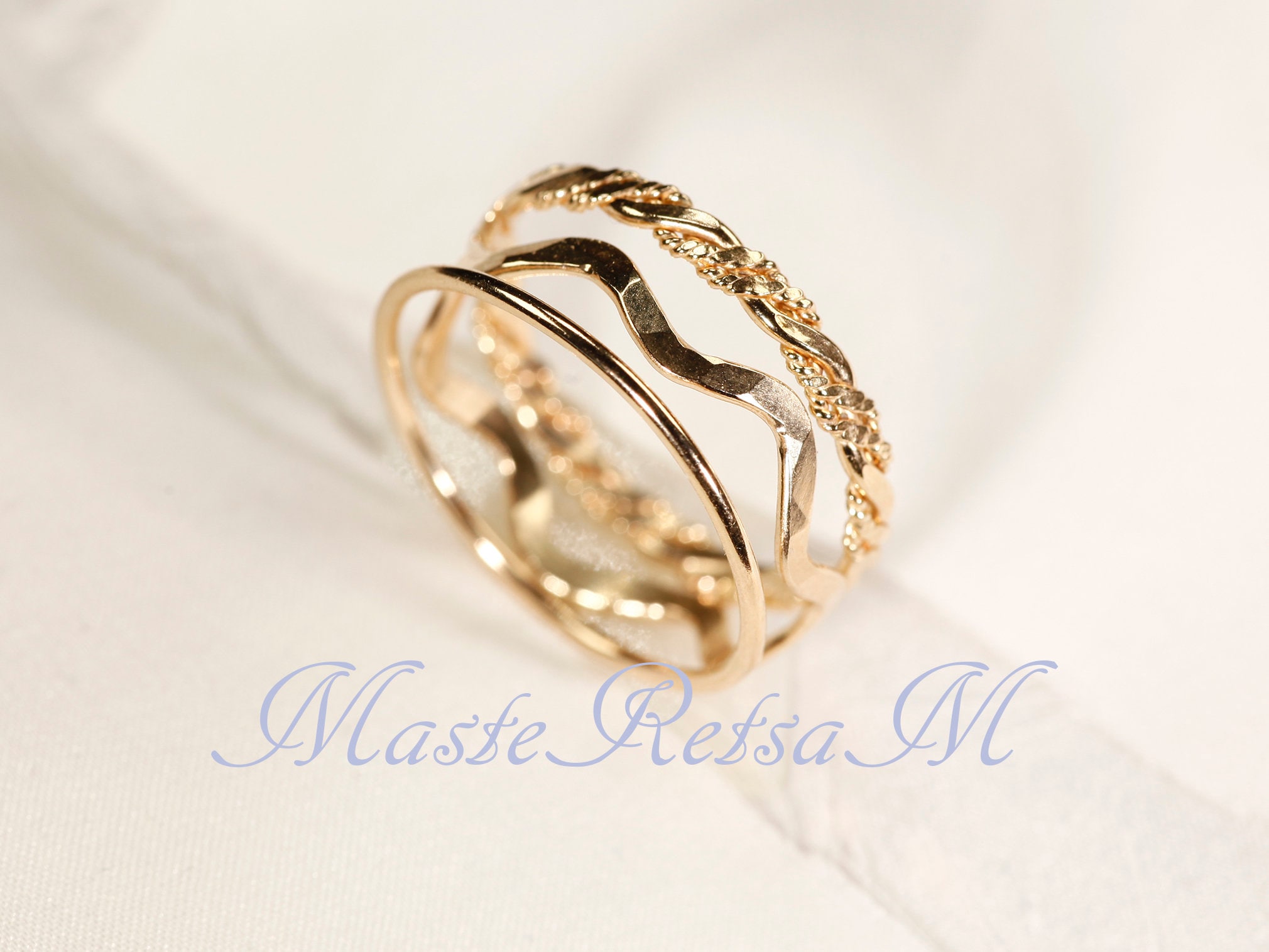 14k Gold Filled Stackable 3 Rings Set-e : Wavelet, Round Wire, Twist ...
