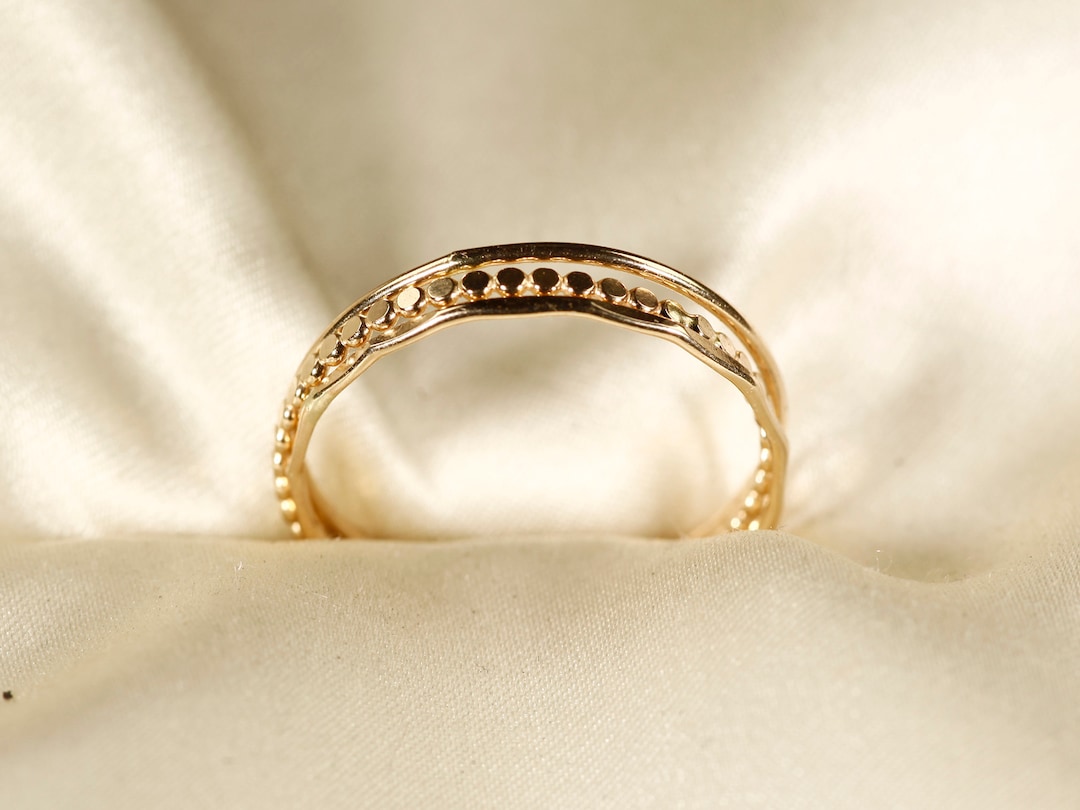 14K Solid Gold Stacking Rings Set-z : Flat Bead, Smooth, Hammered Wire ...