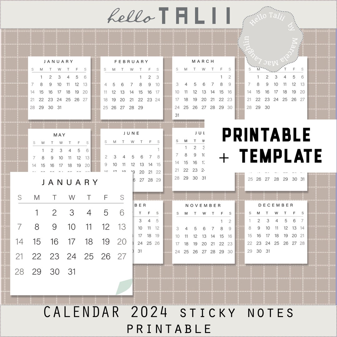 2024 STICKY NOTES CALENDAR Template Minimal Black and White 2024 ...