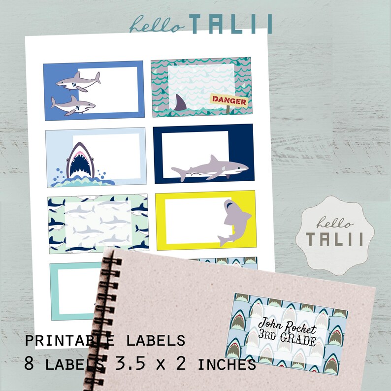 SHARK LABELS- Printable Shark Name Labels Back to School Rectangular ...