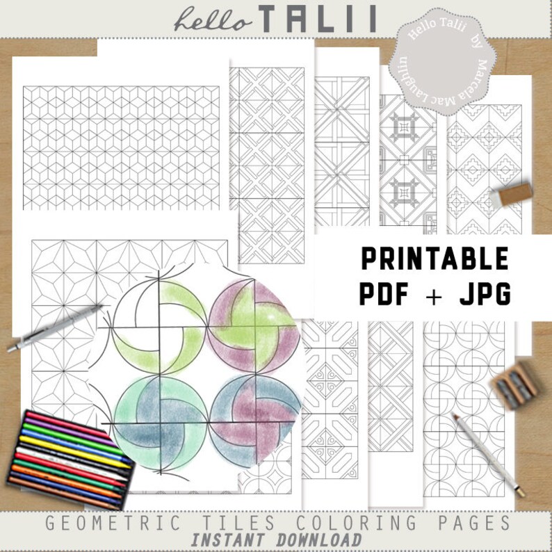 Geometric Coloring Pages- GEOMETRIC TILES Coloring Pages for Adults ...