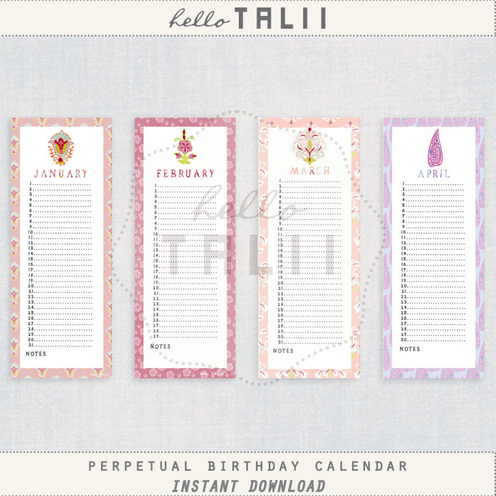 Perpetual Calendar Printable Perpetual BIRTHDAY CALENDAR - Etsy