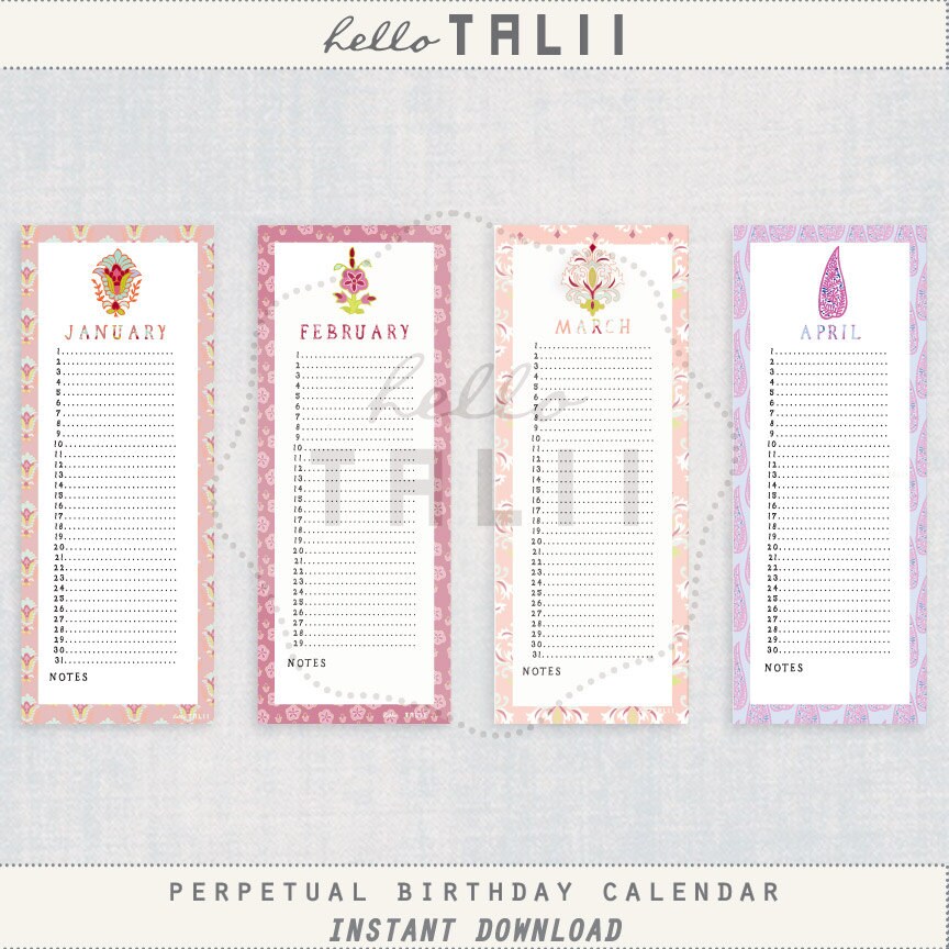 Perpetual Calendar- Printable Perpetual BIRTHDAY CALENDAR Editable PDF ...