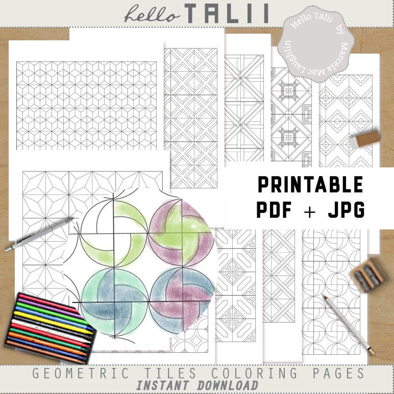 Geometric Coloring Pages- GEOMETRIC TILES Coloring Pages for Adults ...