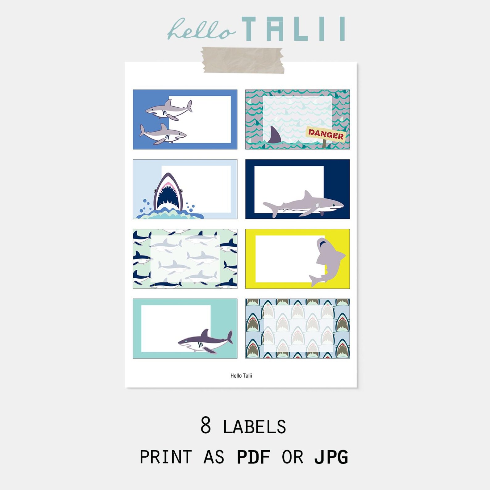 SHARK LABELS- Printable Shark Name Labels Back to School Rectangular ...