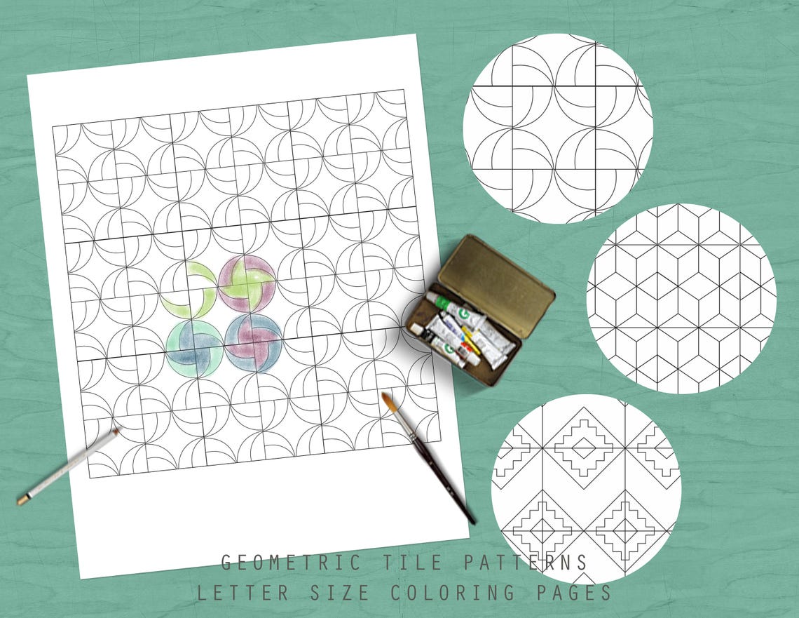 Geometric Coloring Pages- GEOMETRIC TILES Coloring Pages for Adults ...