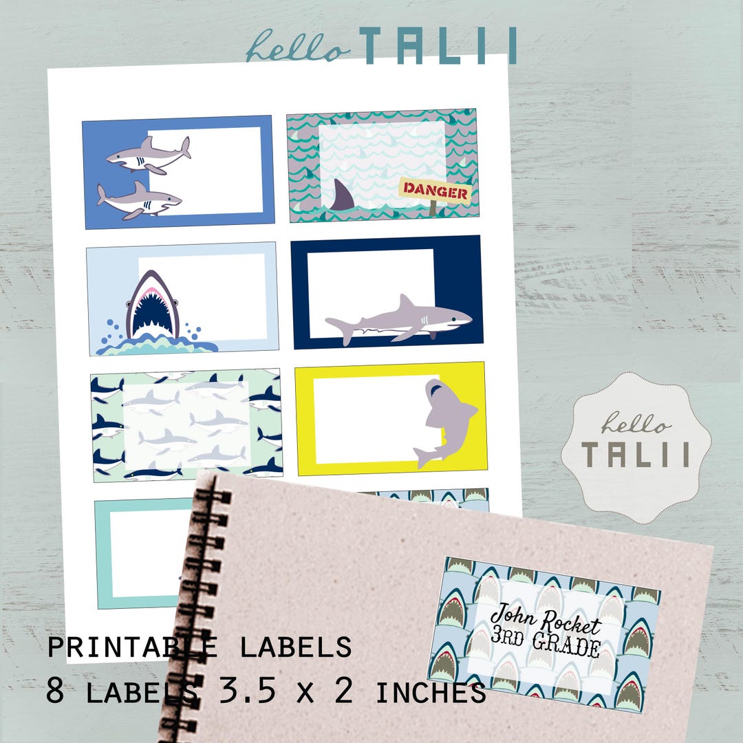 SHARK LABELS- Printable Shark Name Labels Back to School Rectangular ...