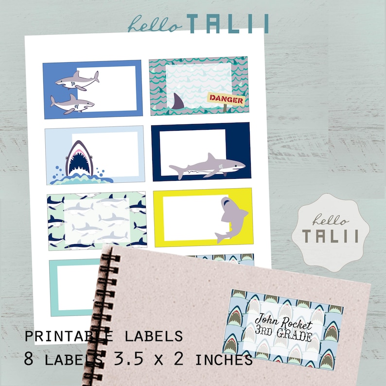 SHARK LABELS- Printable Shark Name Labels Back to School Rectangular ...