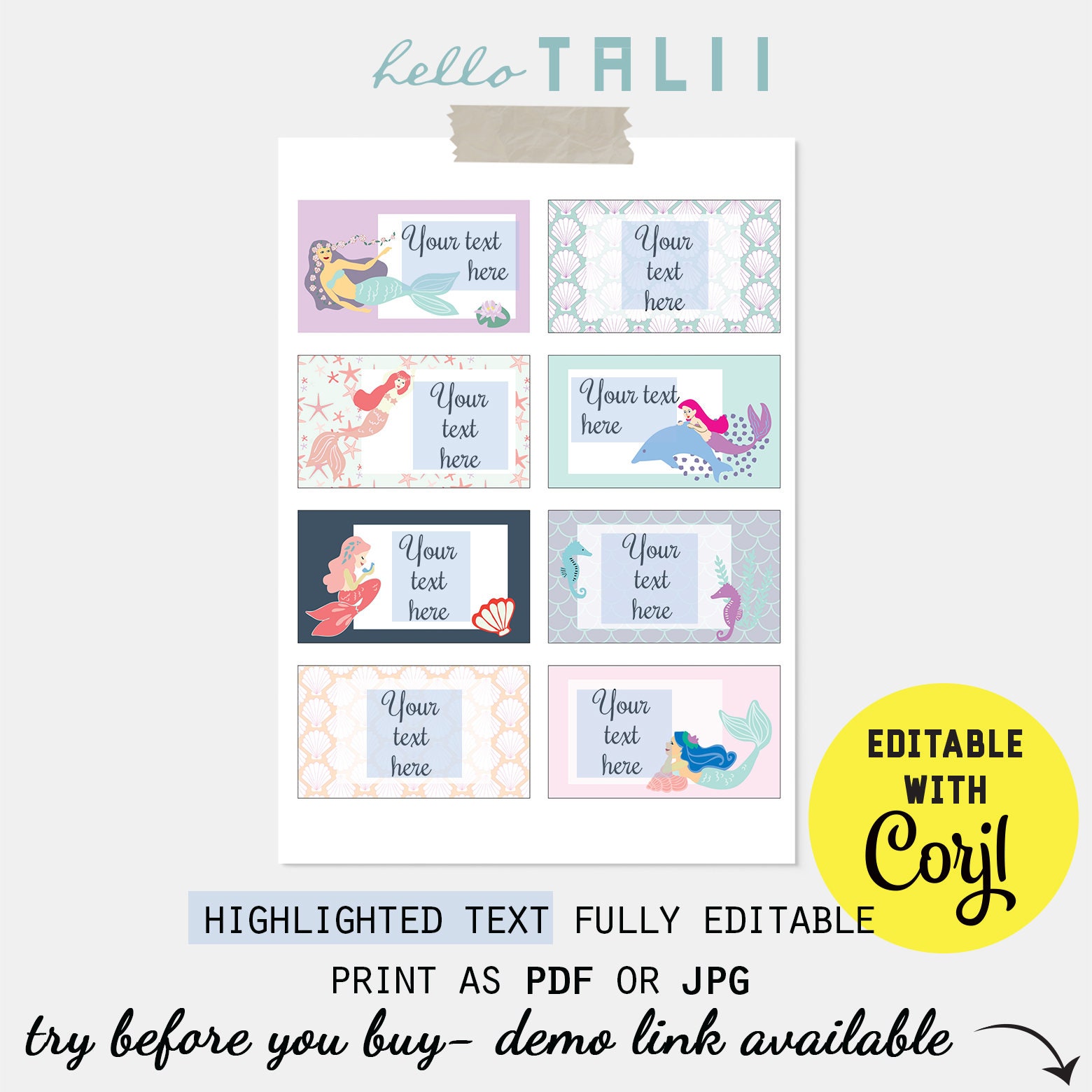 Mermaid LABELS Printable Editable 8 Little Mermaid Name Labels Edit ...
