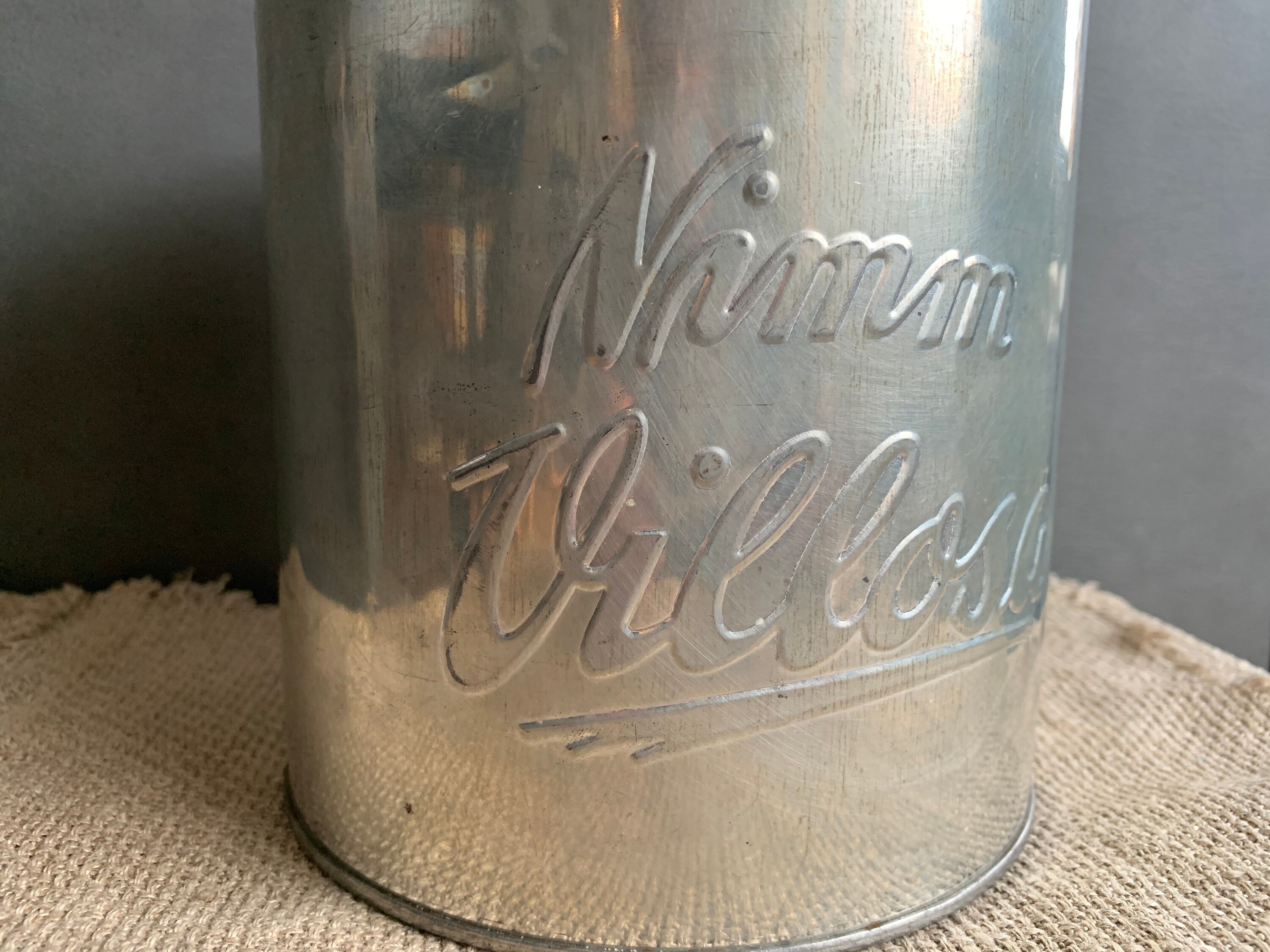Vintage Tin Nimm Villosa, Unpainted Metal Jar, Tin Container, Candy Box ...