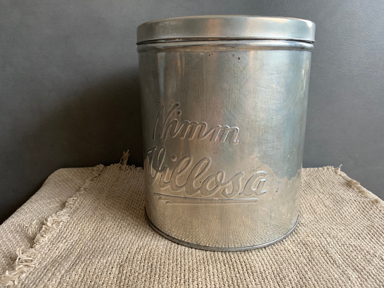Vintage Tin Nimm Villosa, Unpainted Metal Jar, Tin Container, Candy Box ...