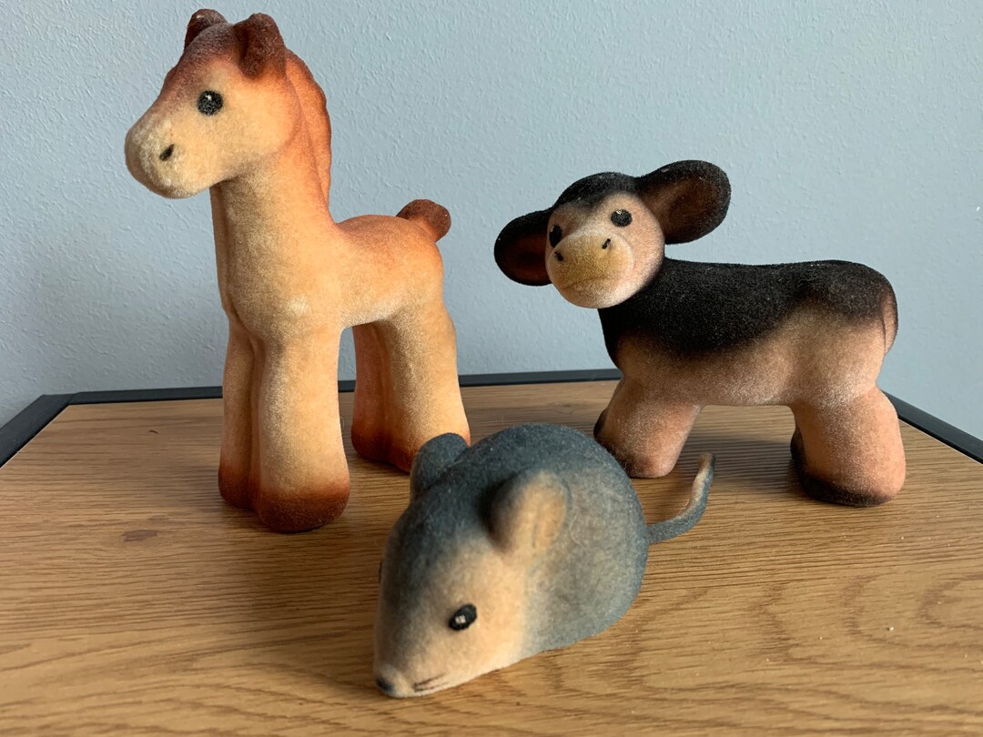 Set of Vintage Horse Toy, Cow Toy, Mouse Toy, Flocking Finish ...