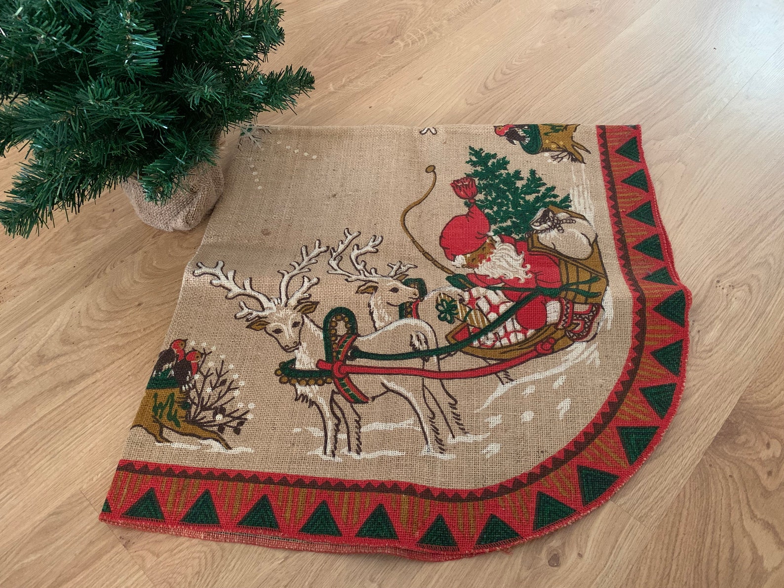 Scandinavian Vintage Square Christmas Tree Rug, Rustic Fabric Cloth ...