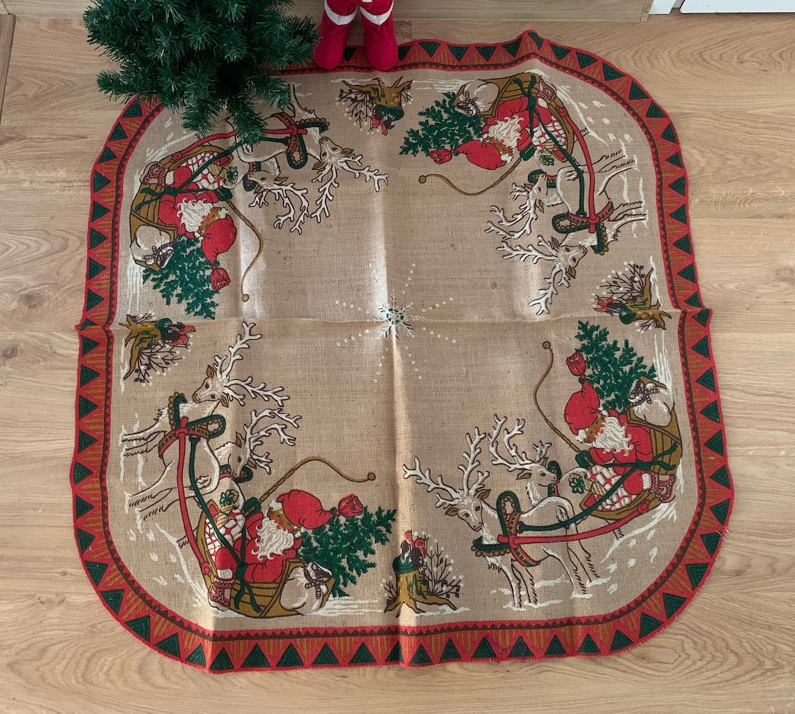 Scandinavian Vintage Square Christmas Tree Rug, Rustic Fabric Cloth ...
