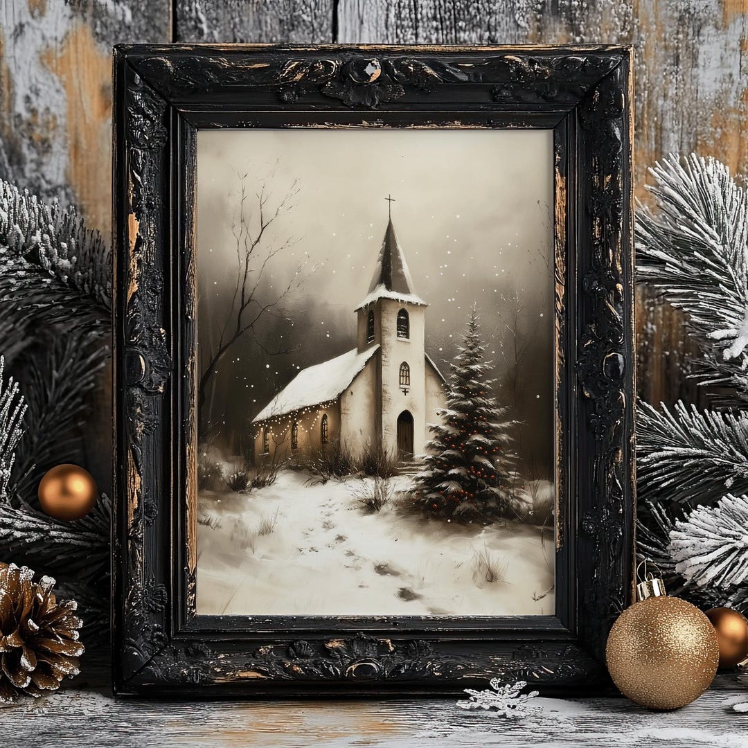 Vintage Christmas Church Art Print: Winter Snow Scene - Etsy