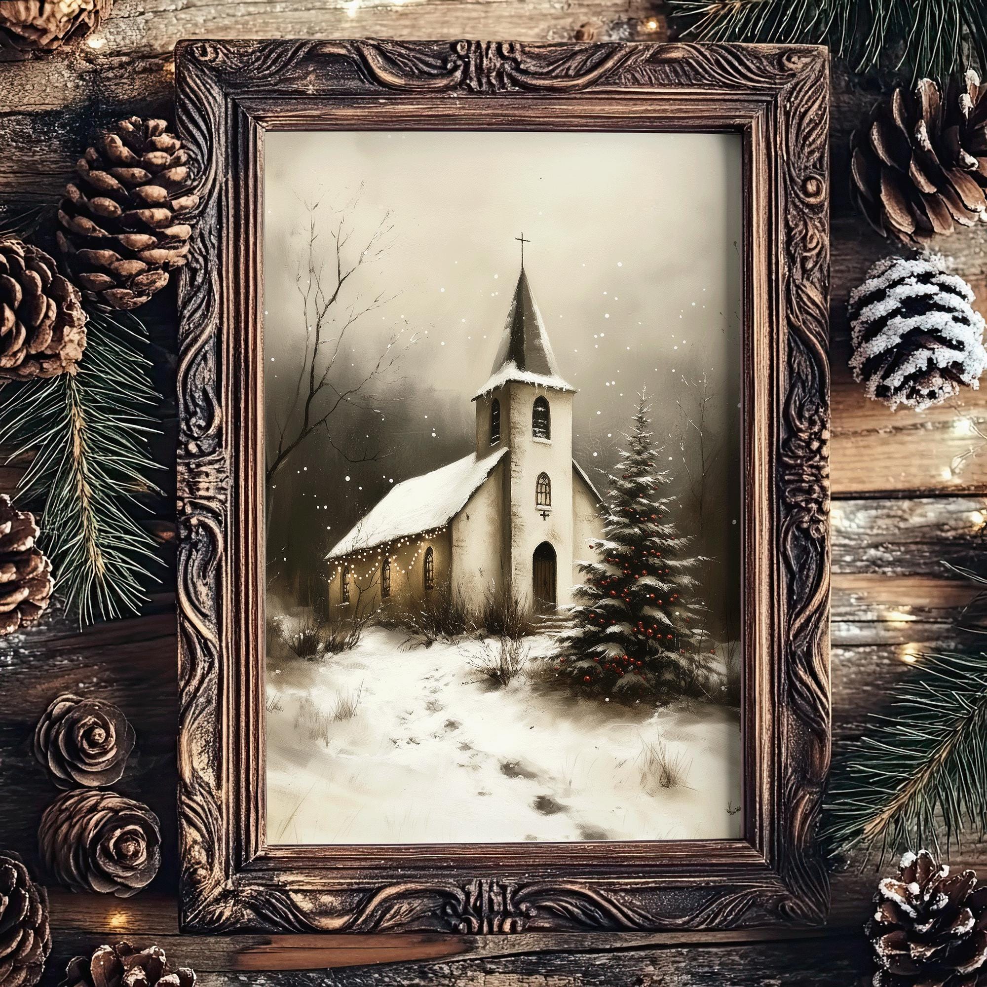 Vintage Christmas Church Art Print: Winter Snow Scene - Etsy